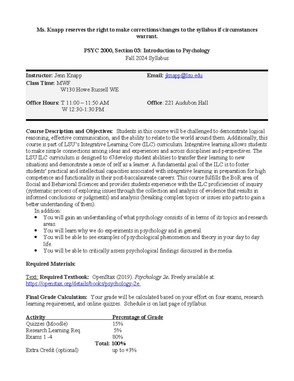 PSYC 2000 - Fall 2024 Intro to Psychology Syllabus & Course Info - Studocu
