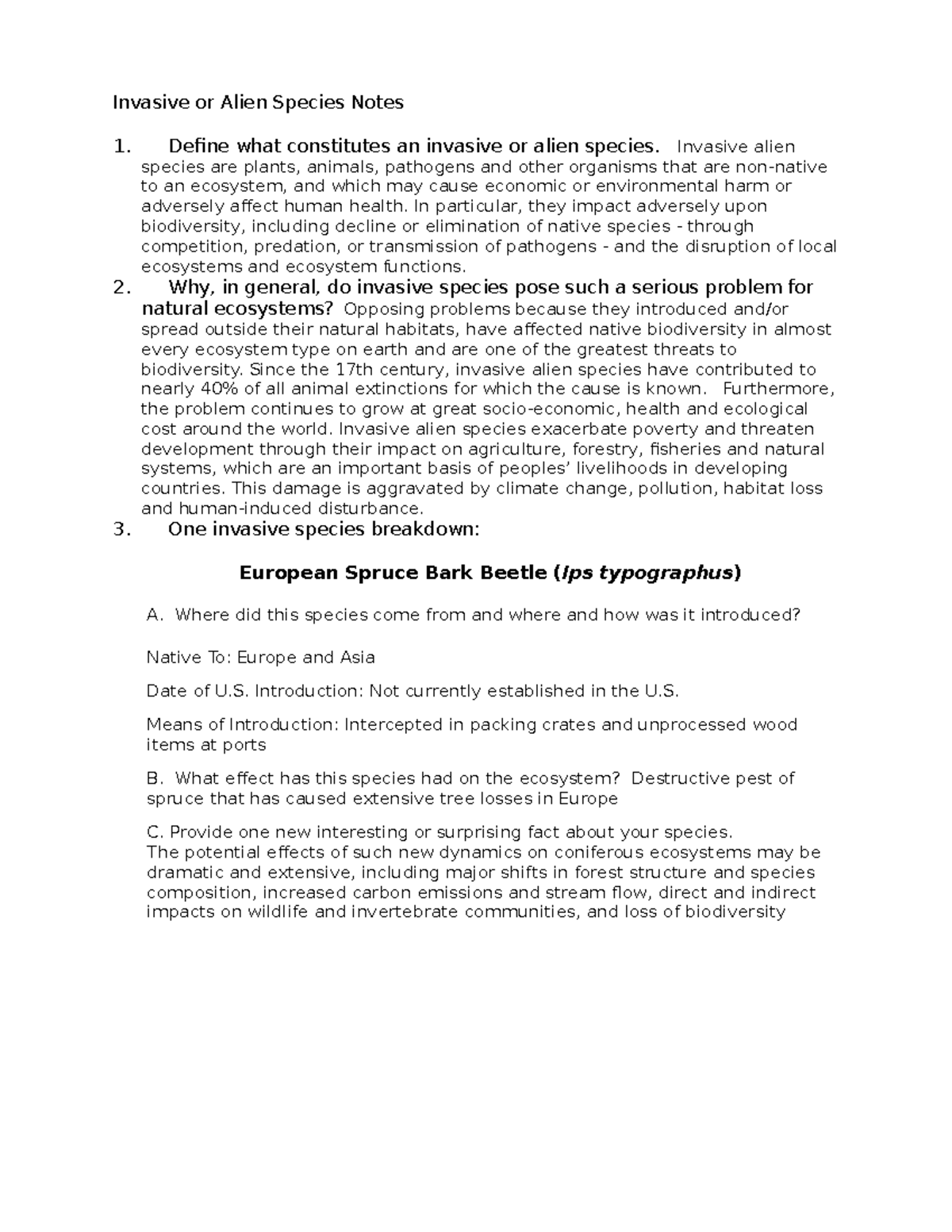 Week 8 Notes on Invasive & Alien Species: Impacts & Case Study - Studocu