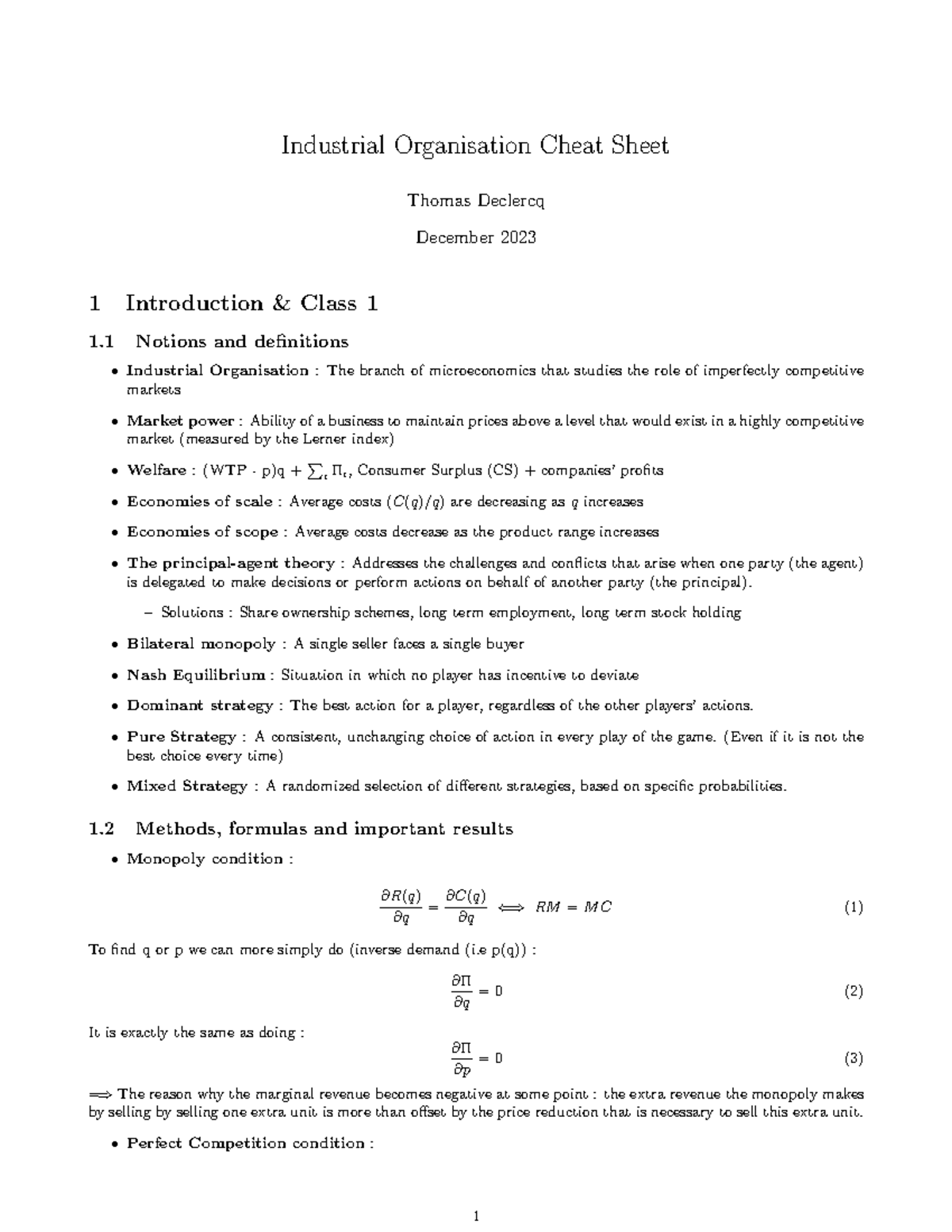 Industrial Organization Cheat Sheet (IND 101) - Key Concepts & Formulas ...