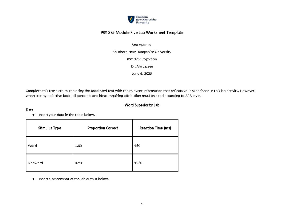 PSY 375 Module 5 Lab Worksheet: Data Analysis & Insights - Studocu