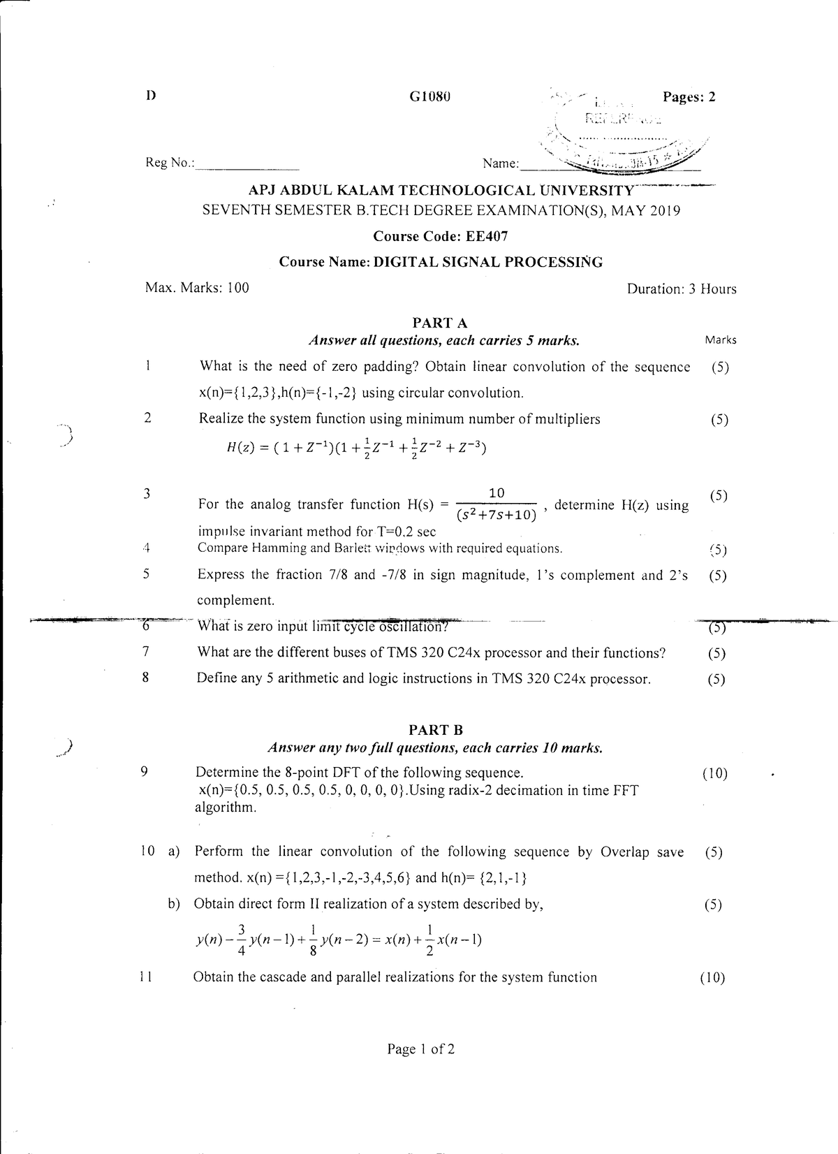 DSP Question paper 1 - Digital Signal Processing - Studocu