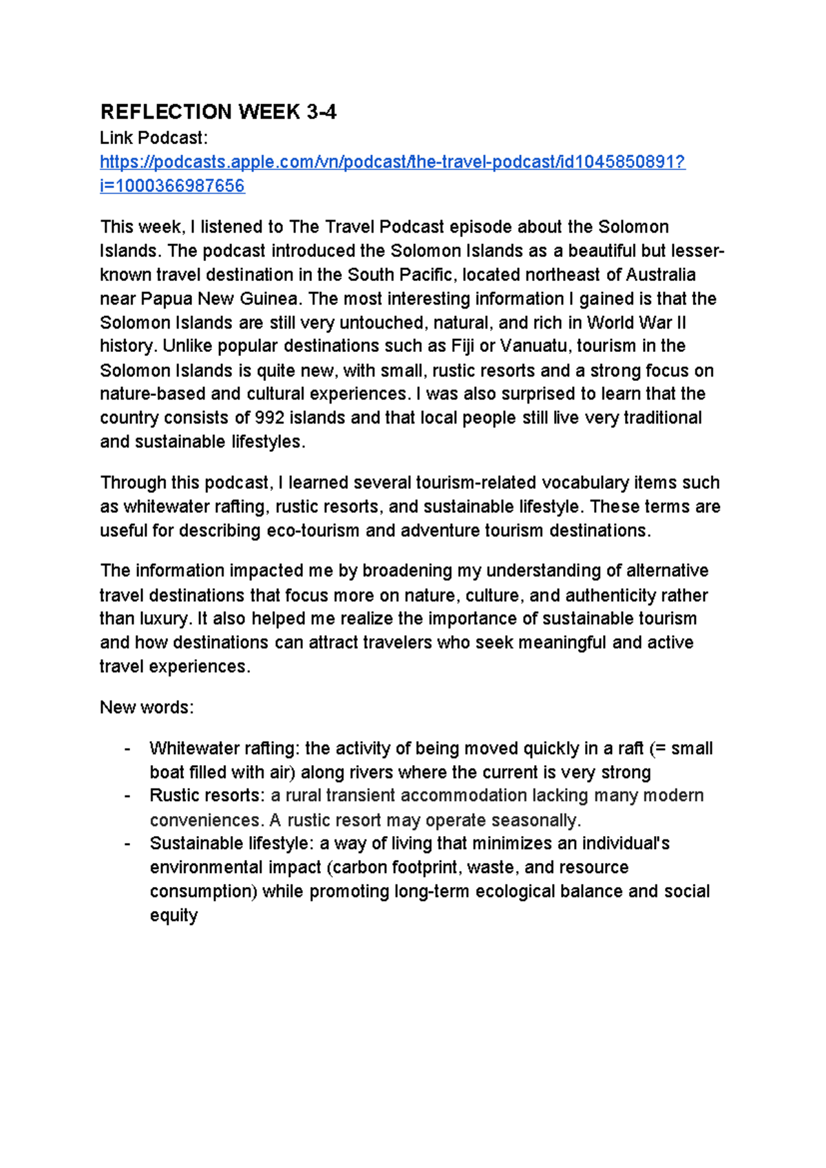 Reflection on The Travel Podcast: Solomon Islands Insights - Studocu