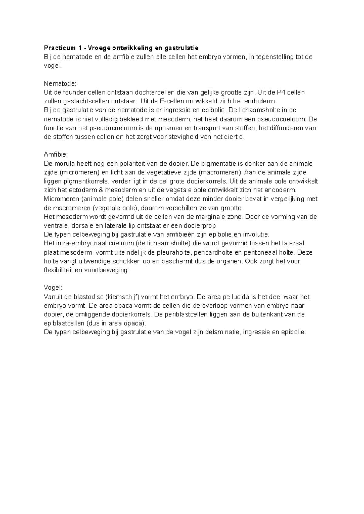 Practicum Notities: Vroege Ontwikkeling, Gastrulatie & Anatomie ...