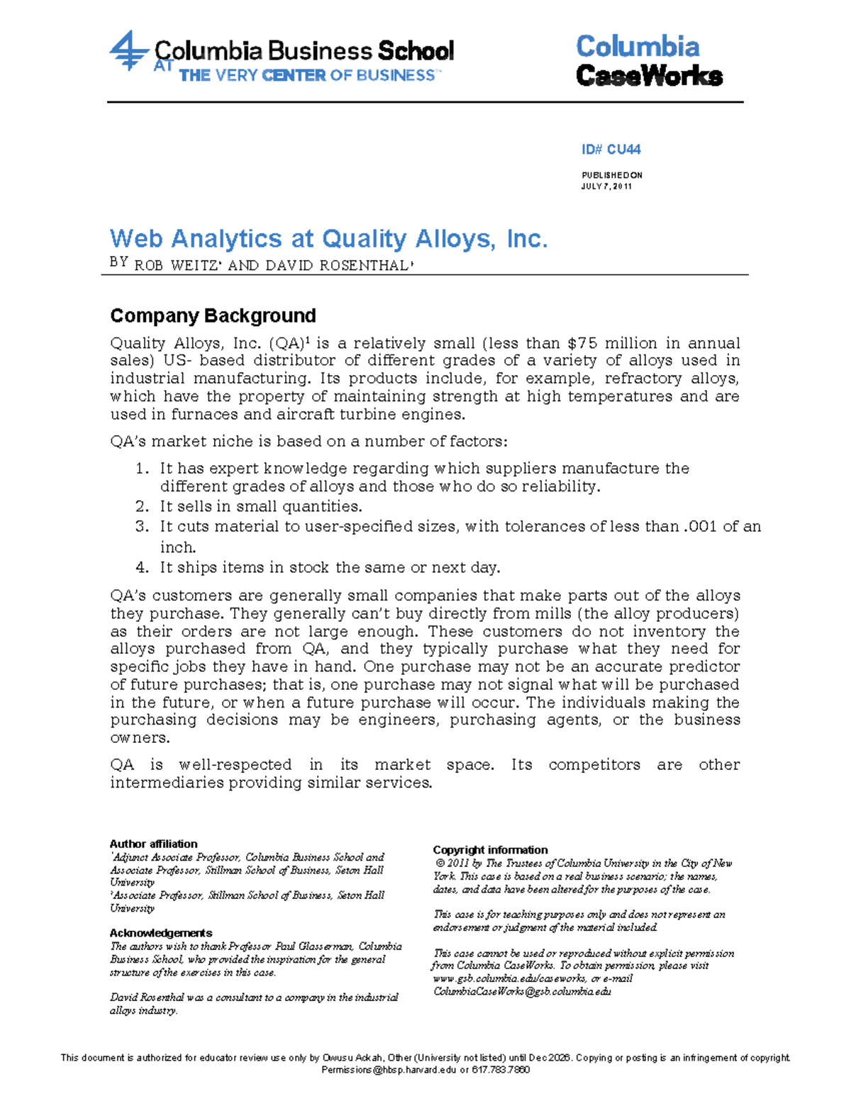 Web Analytics Case Study: Quality Alloys, Inc. (CU44) - Studocu