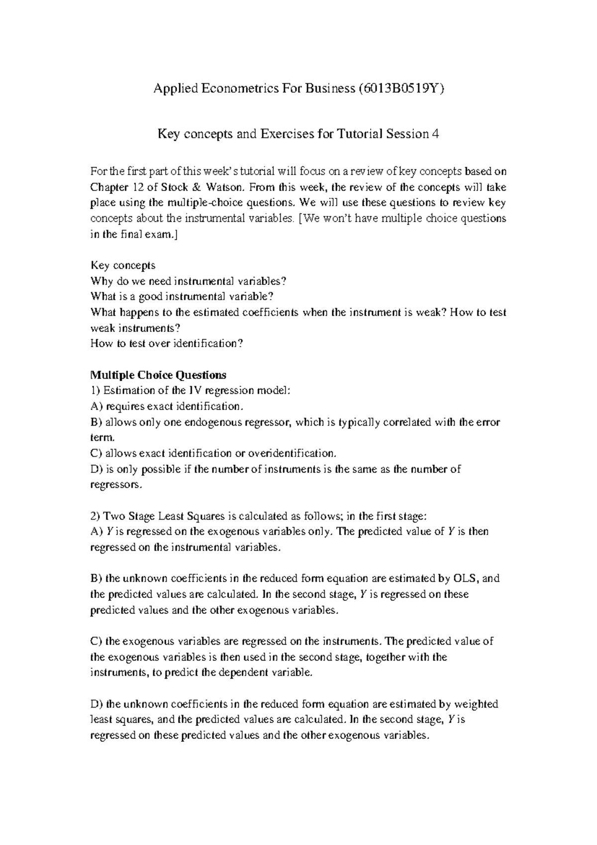 Applied Econometrics (6013B0519Y) - Tutorial 4 Key Concepts & Exercises ...