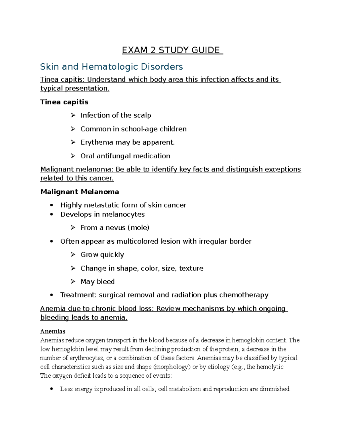 EXAM 2 STUDY GUIDE: Skin, Hematologic Disorders & Heart Conditions - Studocu