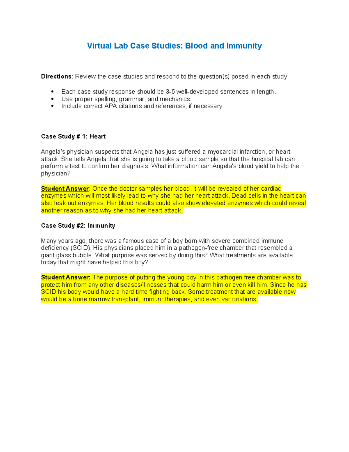 Week 4 Online Lab- Heart and Immunity Completed - Virtual Lab Case ...