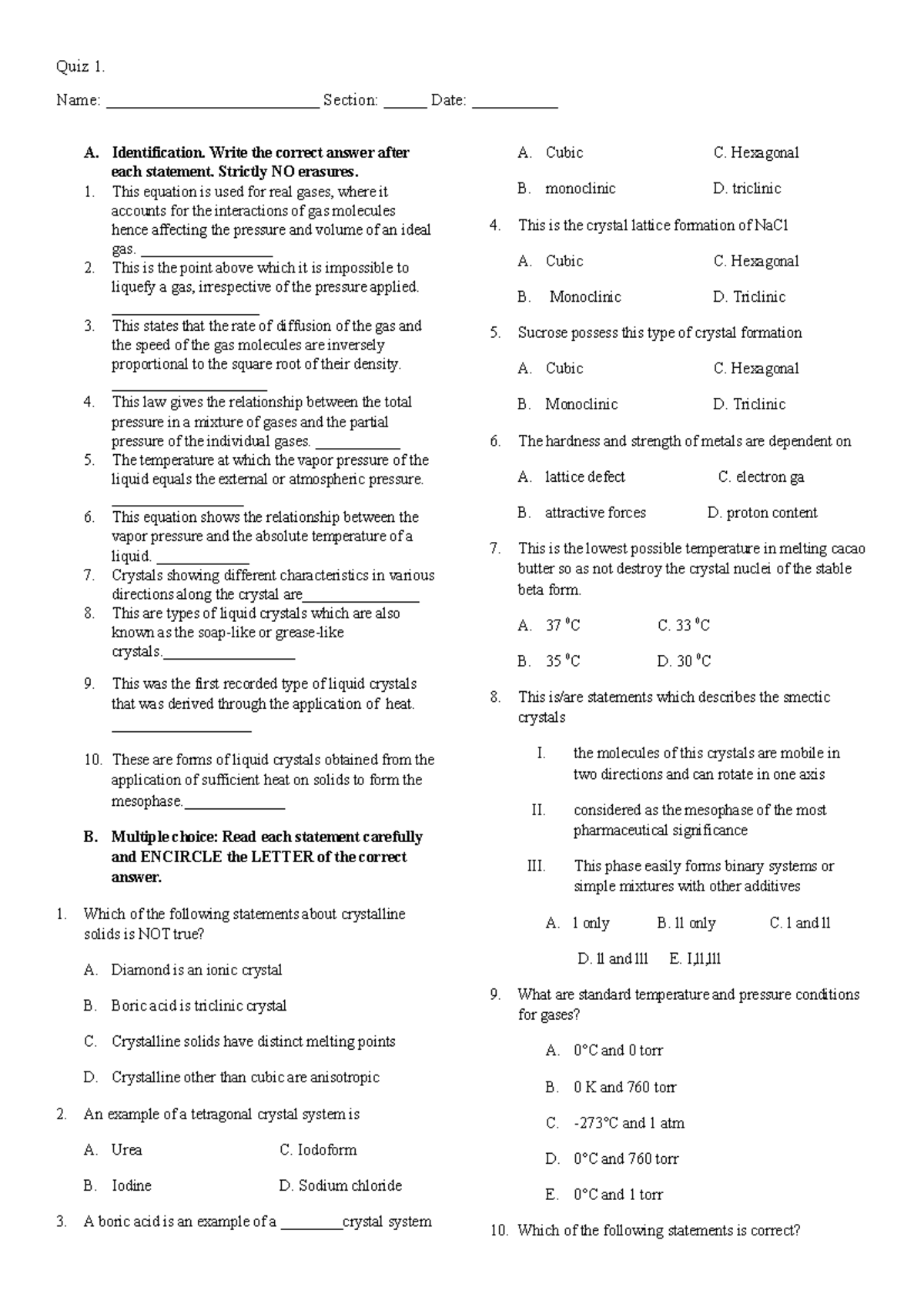 Quiz 1 Midterm Quiz Example Quiz 1 Name Section Date