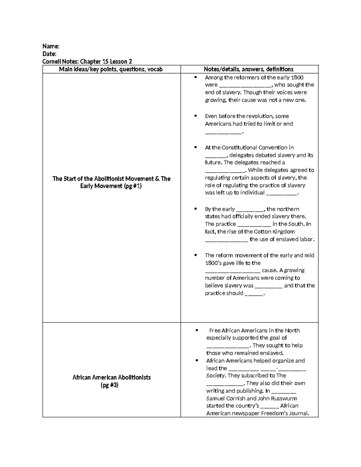 Chapter 15 Lesson 2 CN: Abolitionist Movement Overview - Studocu