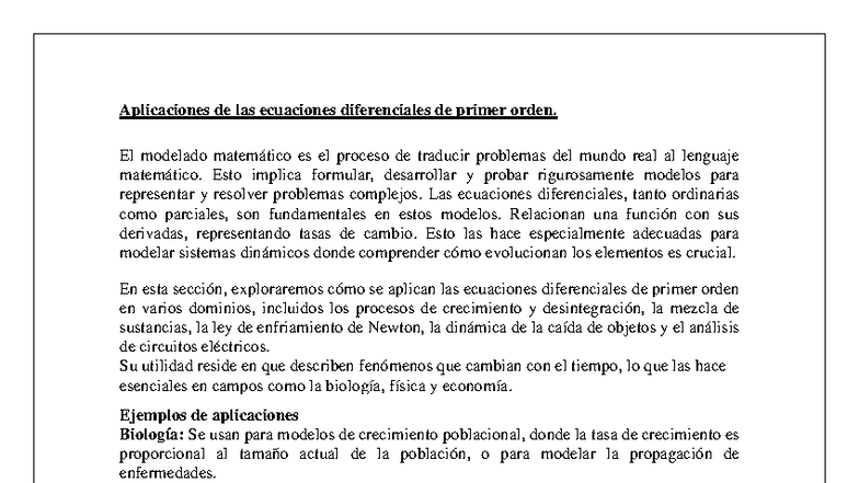 Aplicaciones de Ecuaciones Diferenciales de Primer Orden en Modelos Matemáticos - Studocu
