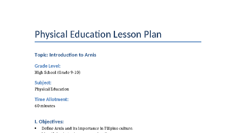 PE Lesson Plan: Intro to Arnis for High School Students - Studocu