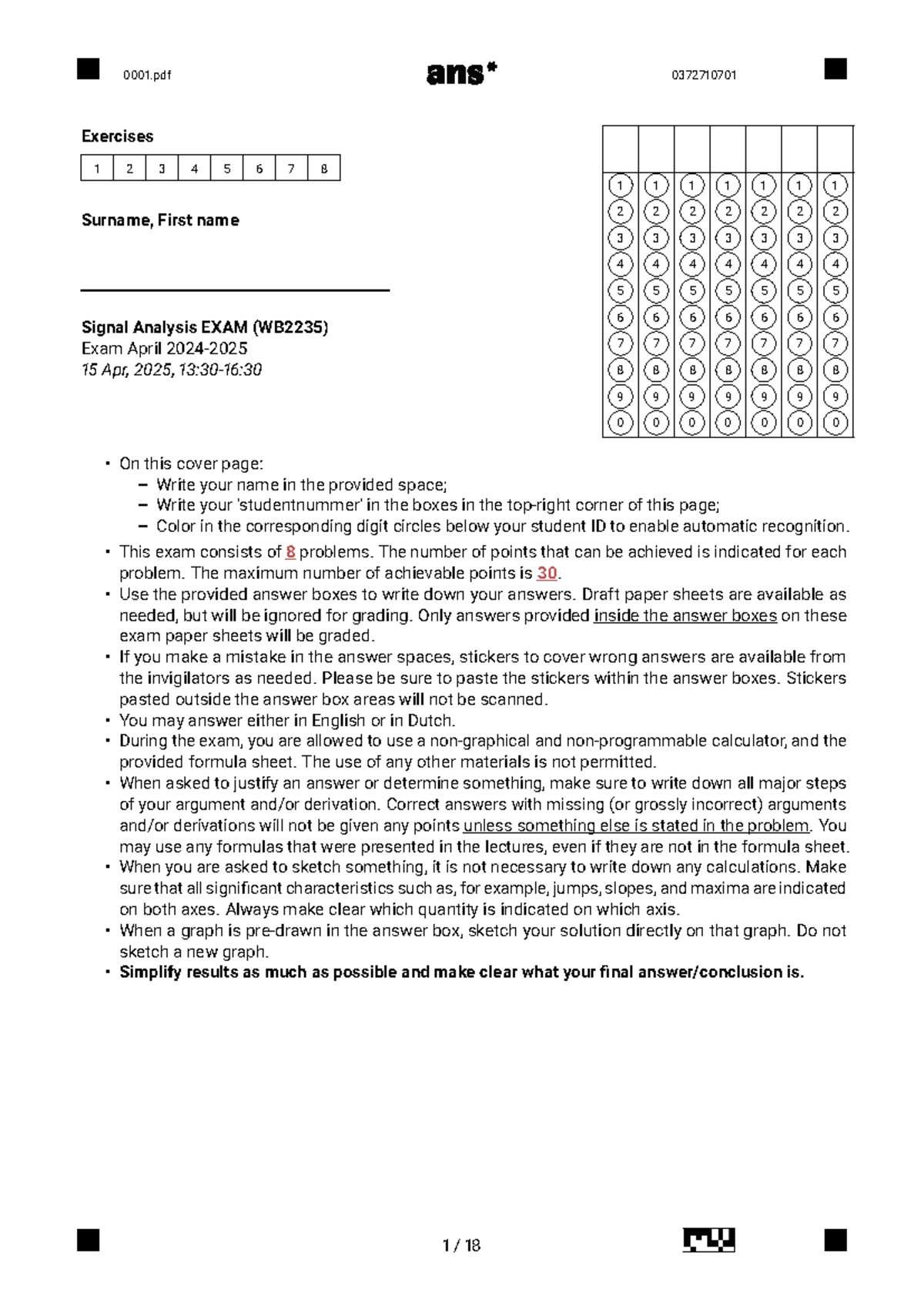 WB2235 Signal Analysis Exam - Exercises 1 to 8 (April 2025) - Studeersnel