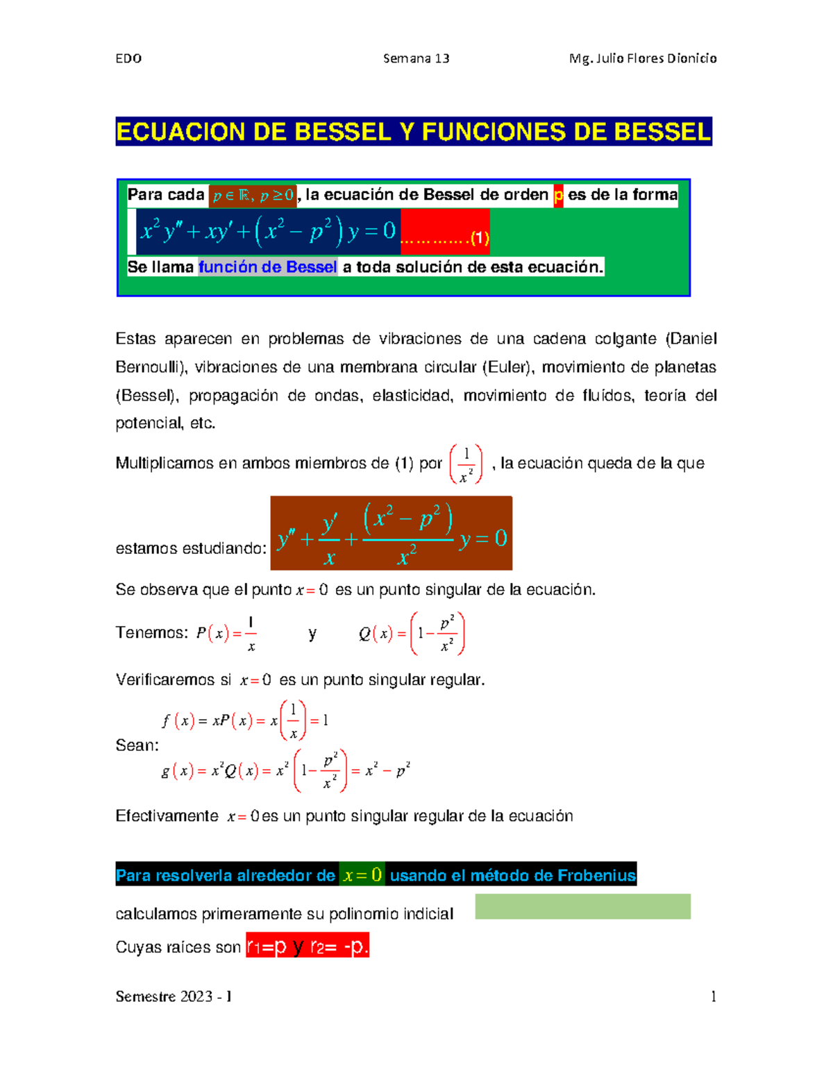 Semana 13: Ecuación y Funciones de Bessel - Propiedades Detalladas ...