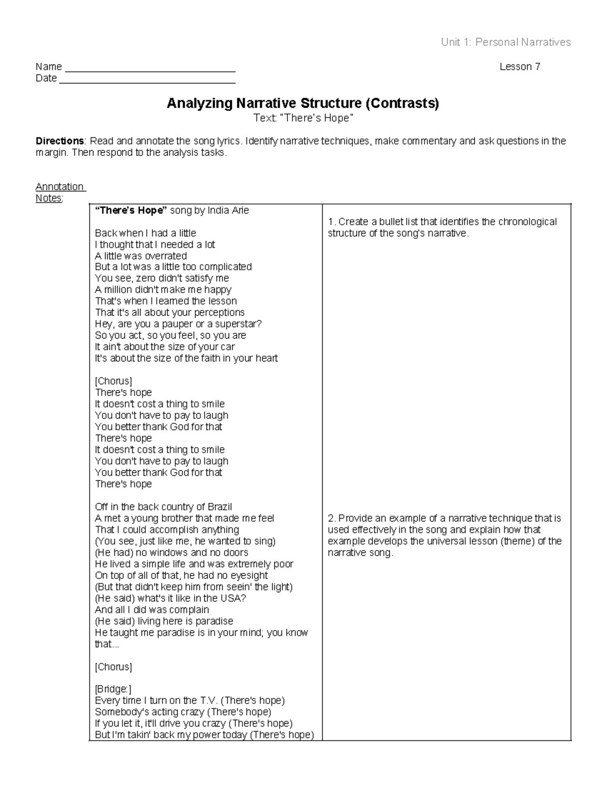 Unit 1: Analyzing Narrative Structure in Personal Narratives Lesson 7 ...
