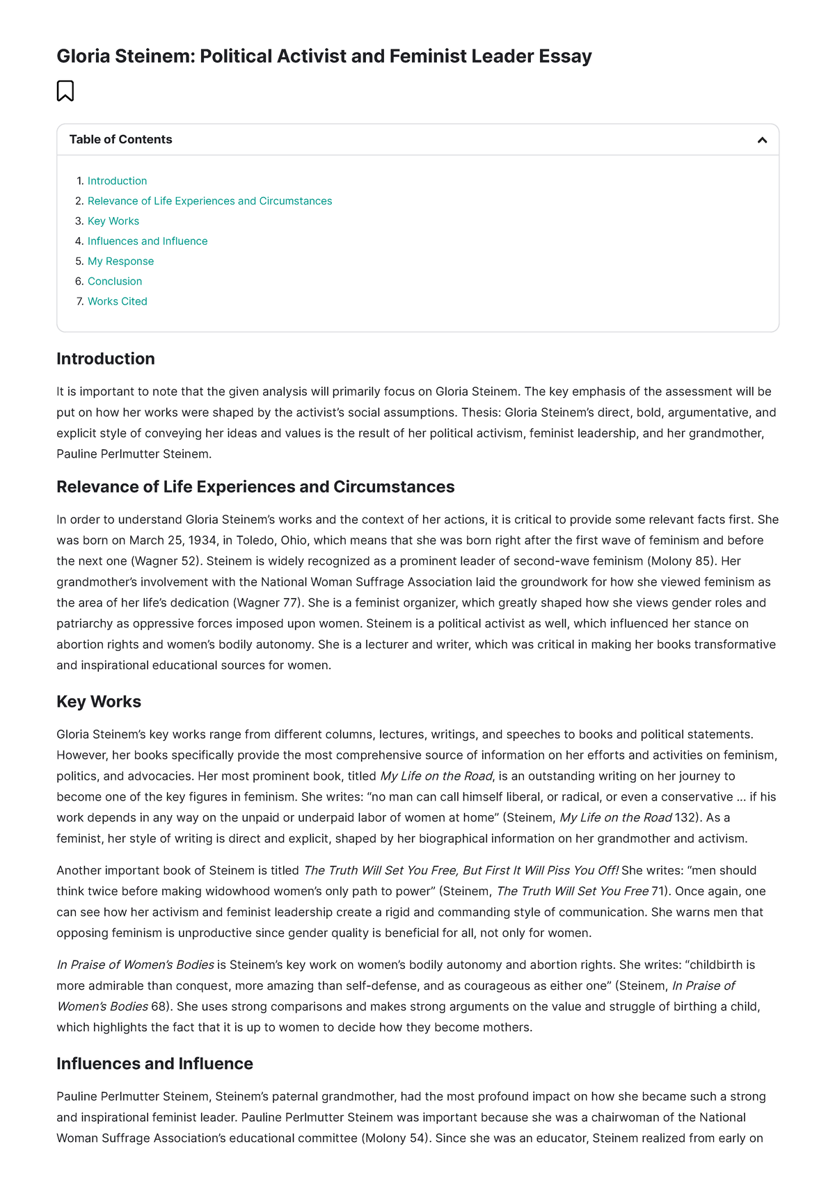 G. Steinem: Political Activist & Feminist Leader Essay (861 Words ...