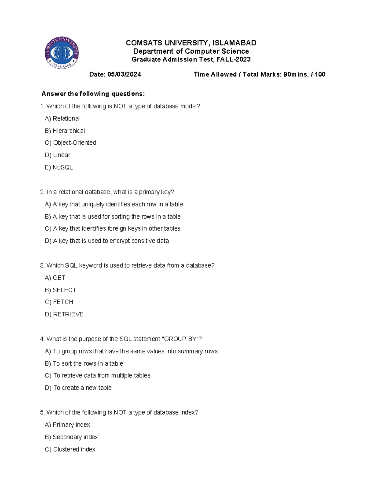 MS-PhD Graduate Admission Test MCQs - Spring 2024 - Studocu