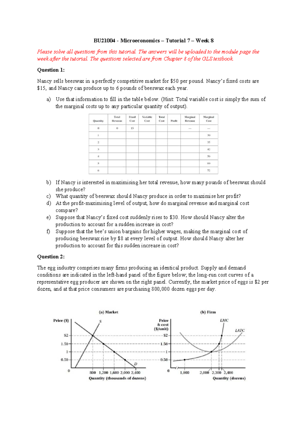 BU21004 Microeconomics - Tutorial 7 Qs for Week 8 Discussion - Studocu