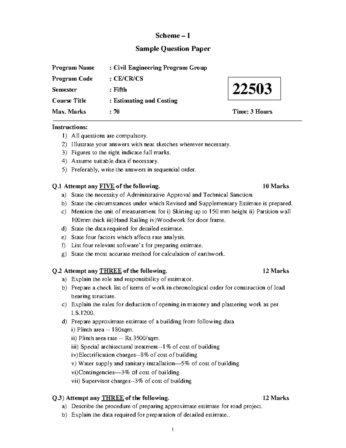 22503 - Estimating and Costing Sample Question Paper for 5th Semester ...
