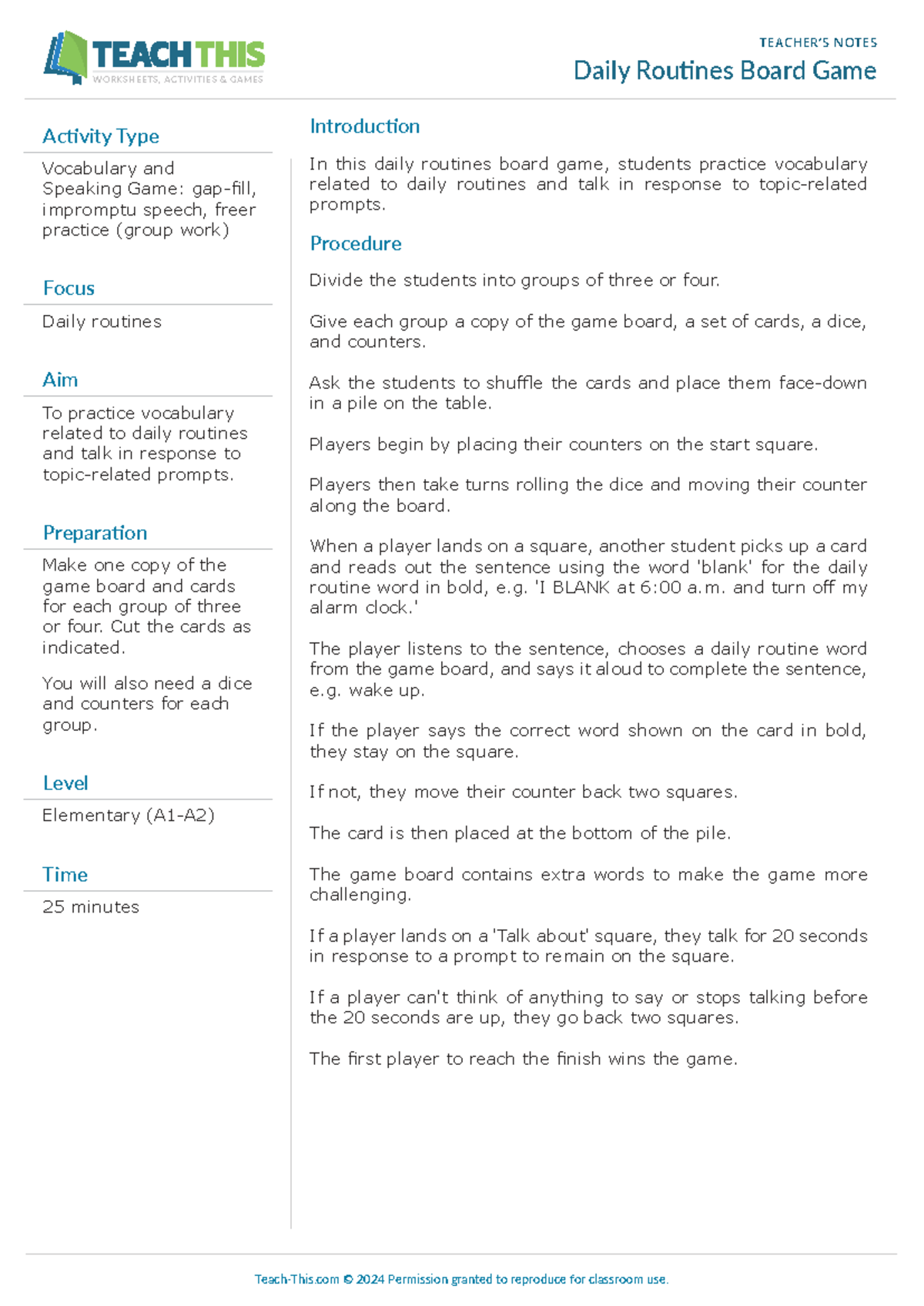 Daily Routines Board Game Worksheets & Activities - Studocu