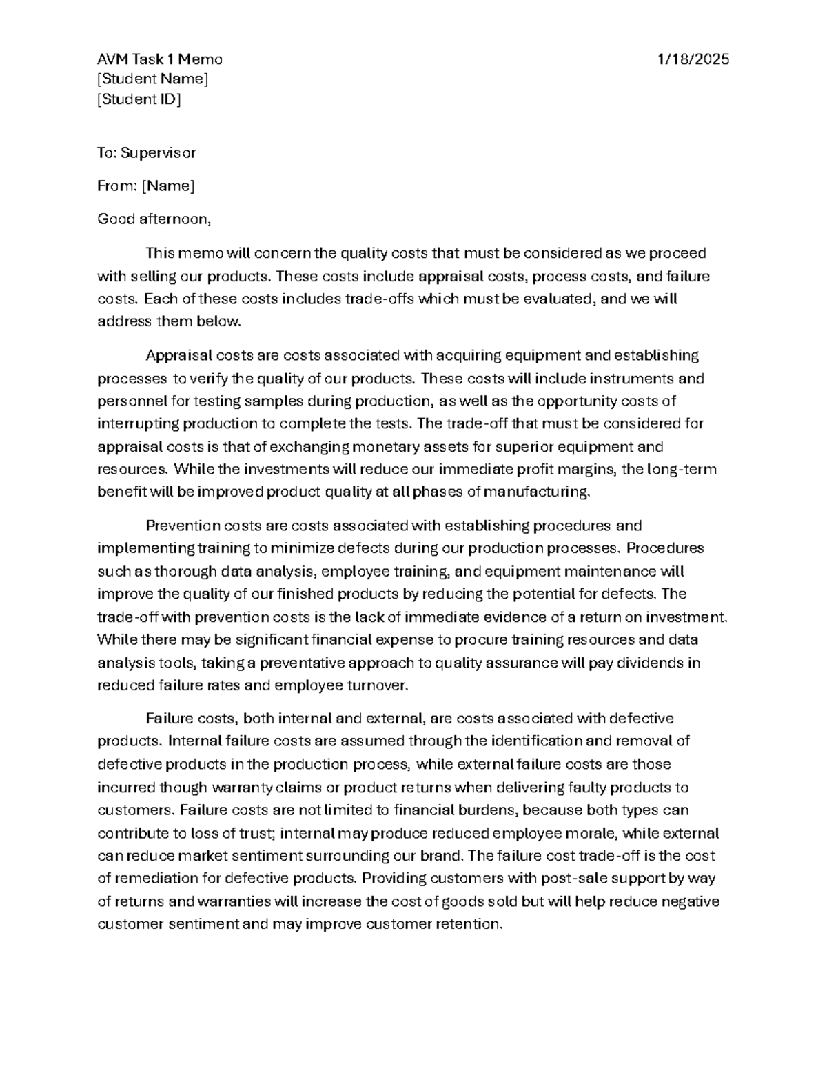 QHT1 AVM1 Task 1 Passed - AVM Task 1 Memo 1/18/ [Student Name] [Student ...