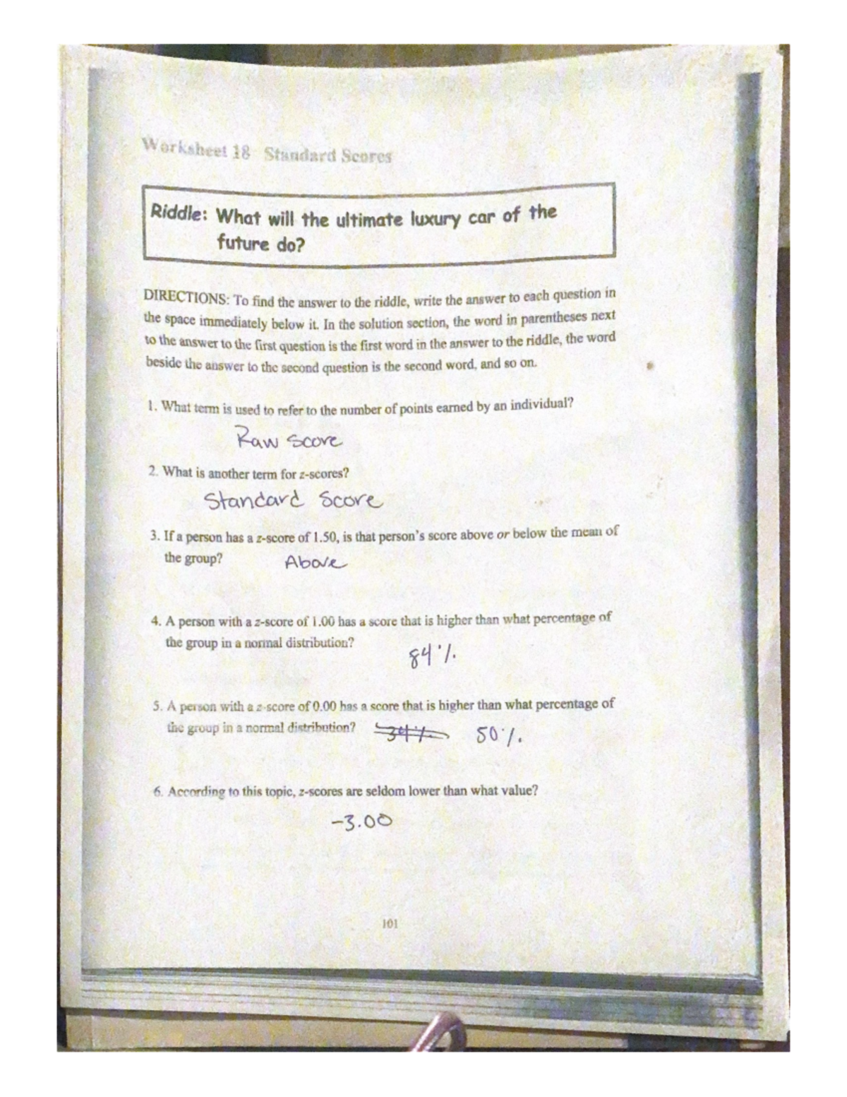 Statistics week 4 - Homework - Worksheet 18 Standard Scores Riddle ...