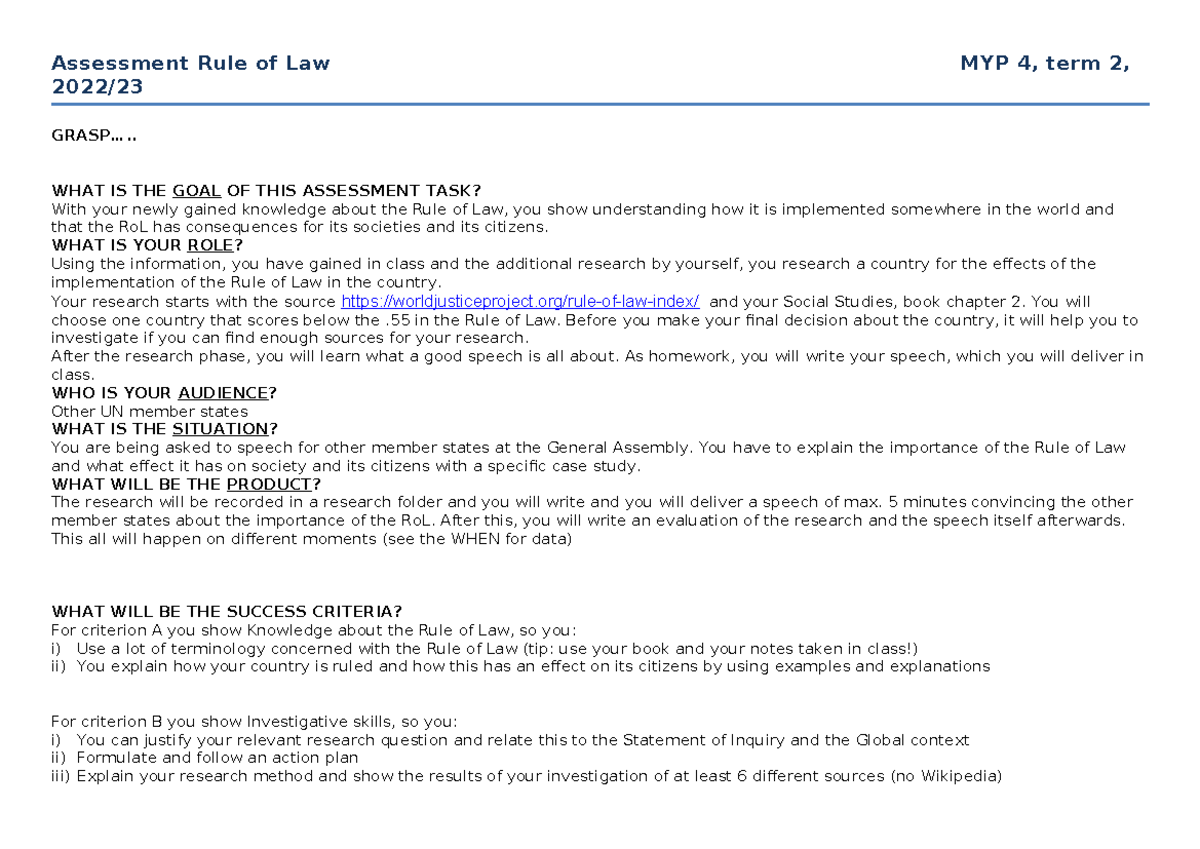 MYP 4 Assessment: Understanding the Rule of Law - Term 2 Research Task ...