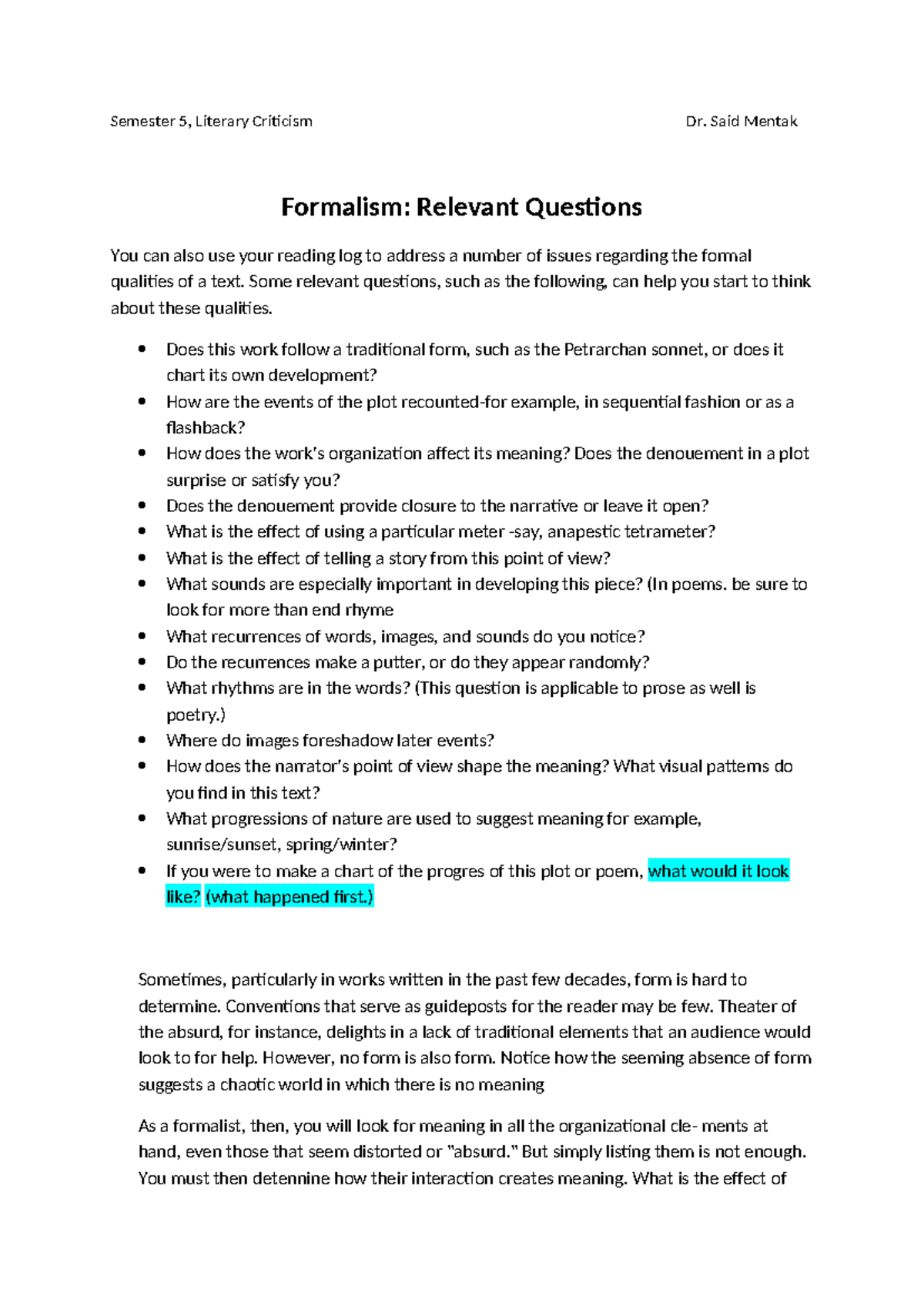 Semester 5, Literary Criticism: Formalism Relevant Questions Guide ...