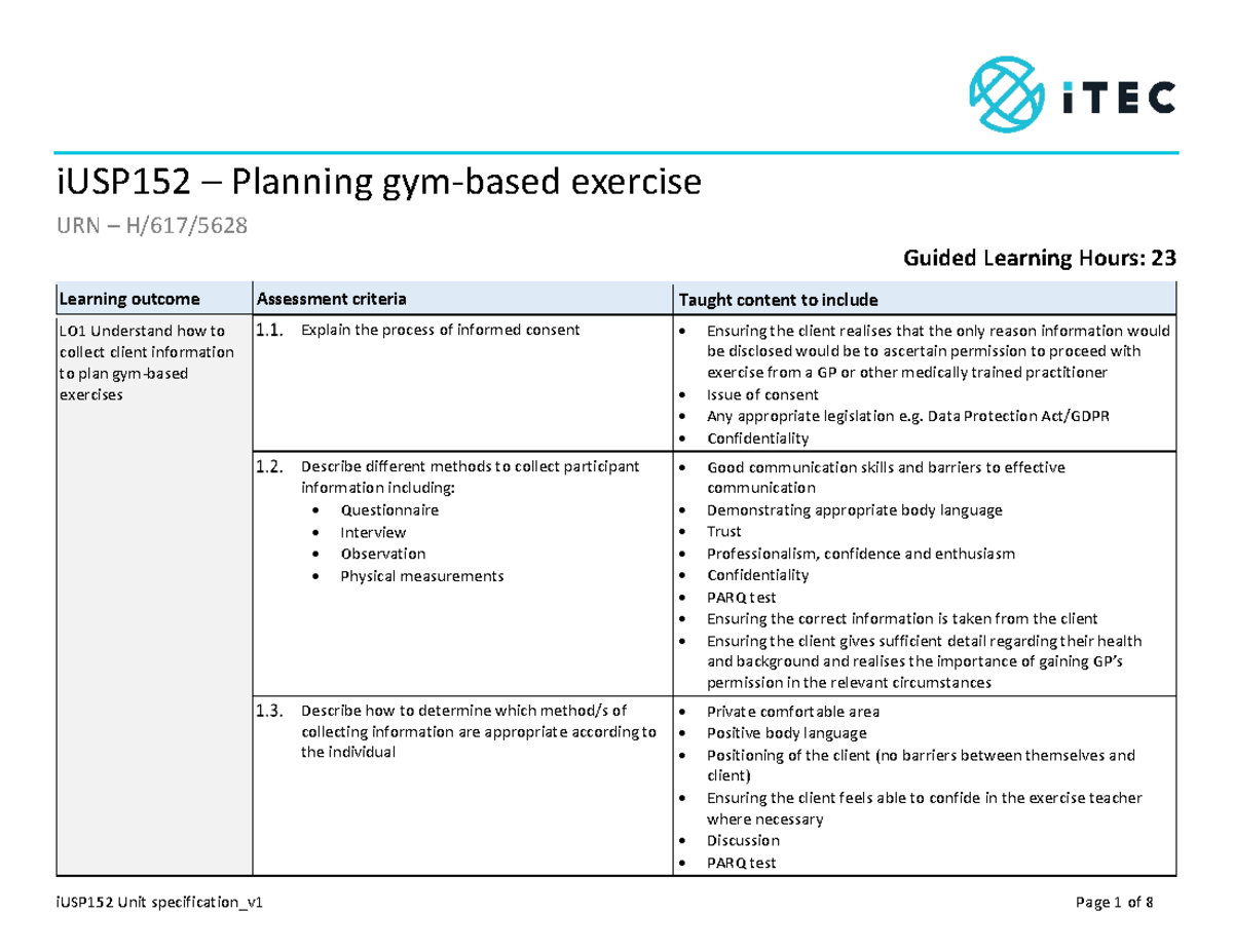 iUSP152 - Unit 5: Planning Gym-Based Exercise Notes - Studocu