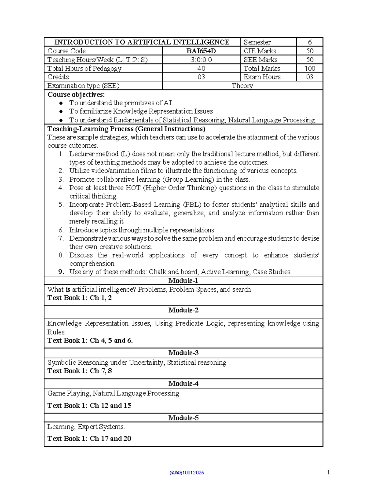 BAI654D Syllabus: Introduction to Artificial Intelligence Overview ...