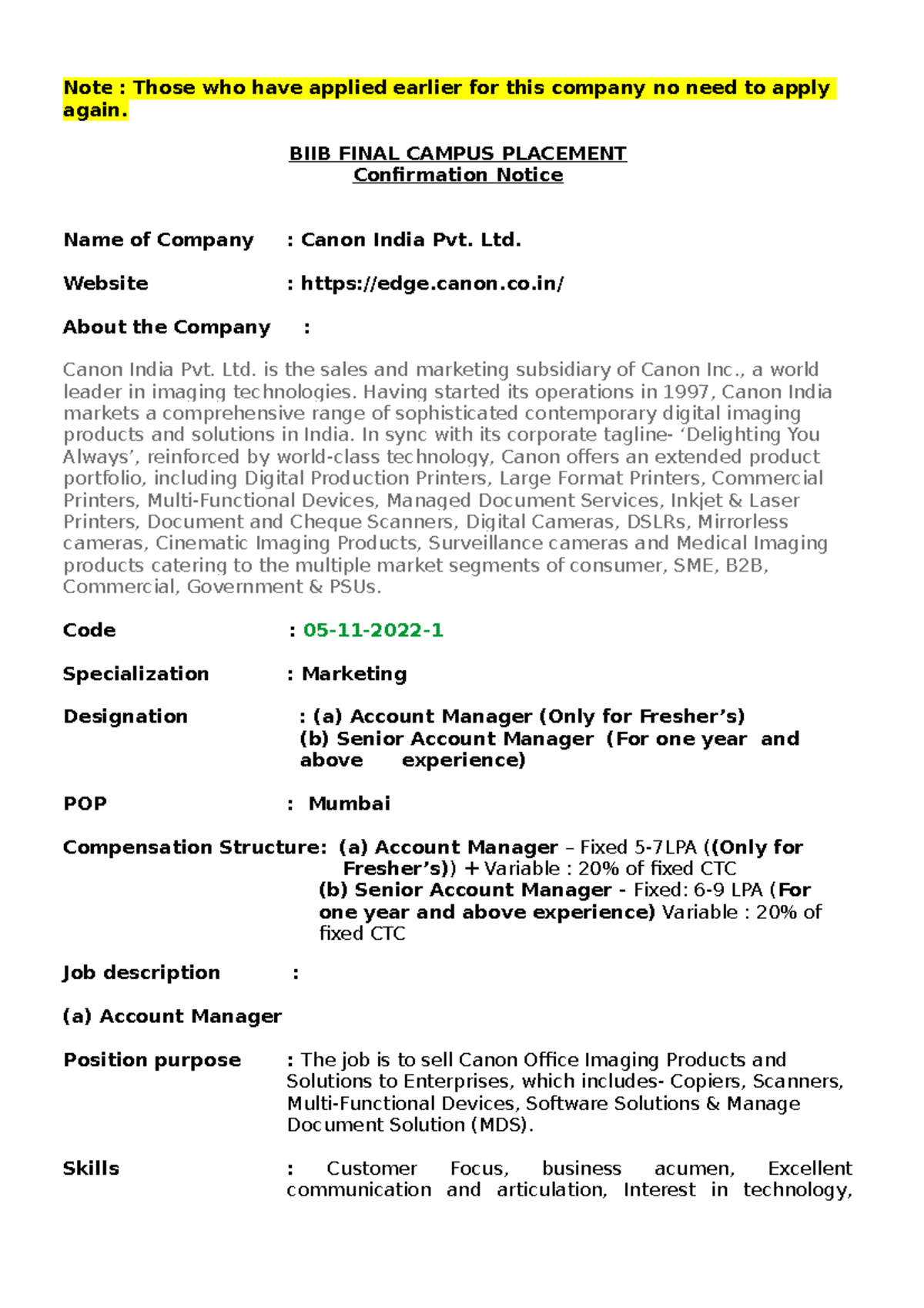 BIIB Final Campus Placement Confirmation Notice - Canon India - Studocu