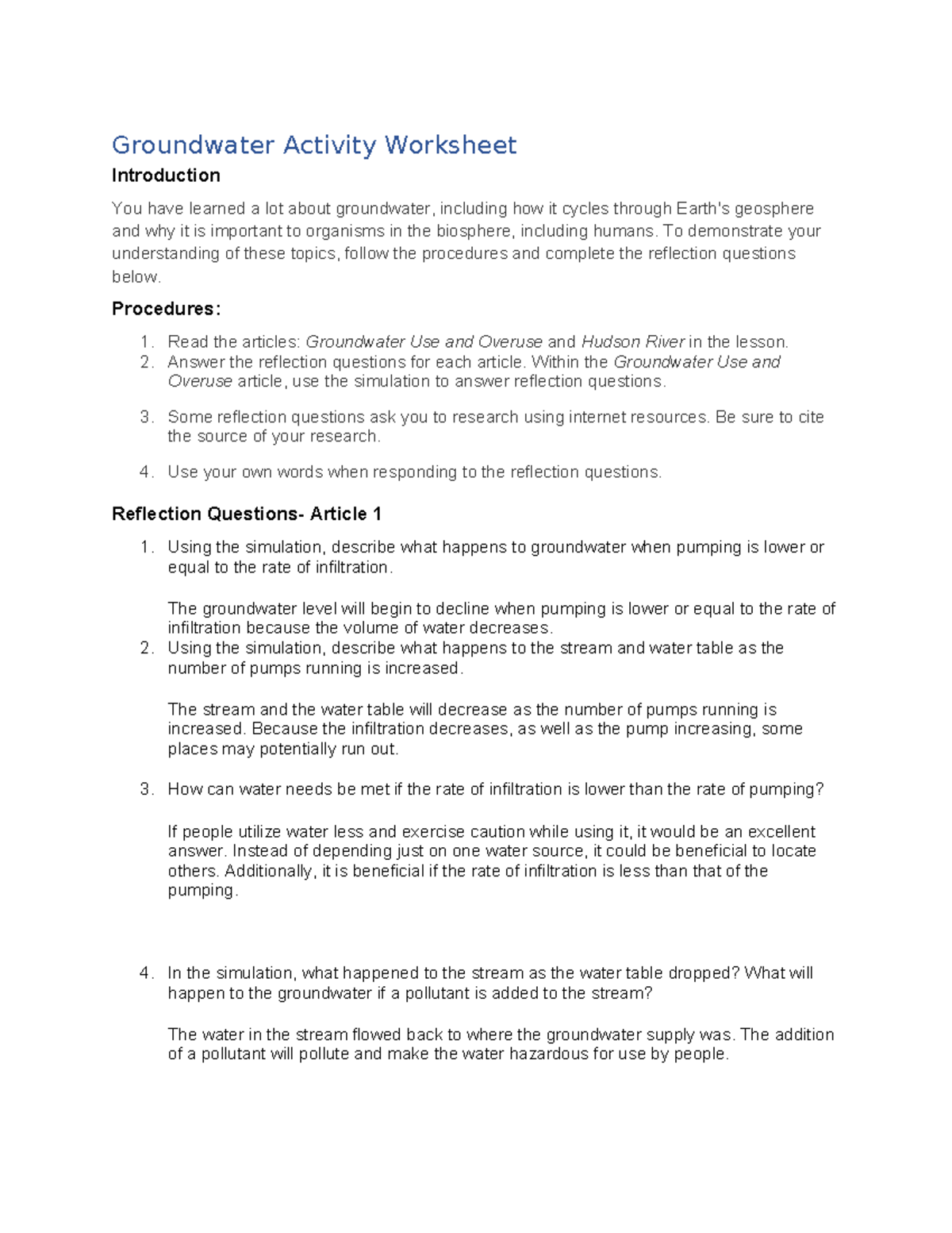 Groundwater 3.02 final - Groundwater Activity Worksheet Introduction ...