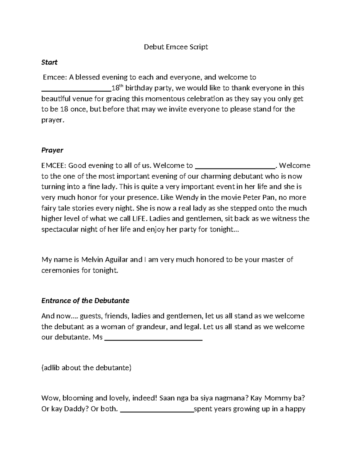 Debut Emcee Script for 18th Birthday Celebration - Studocu