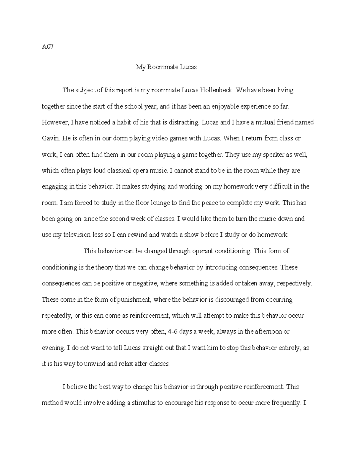 Elementary Psychology Paper 1 - A My Roommate Lucas The subject of this ...
