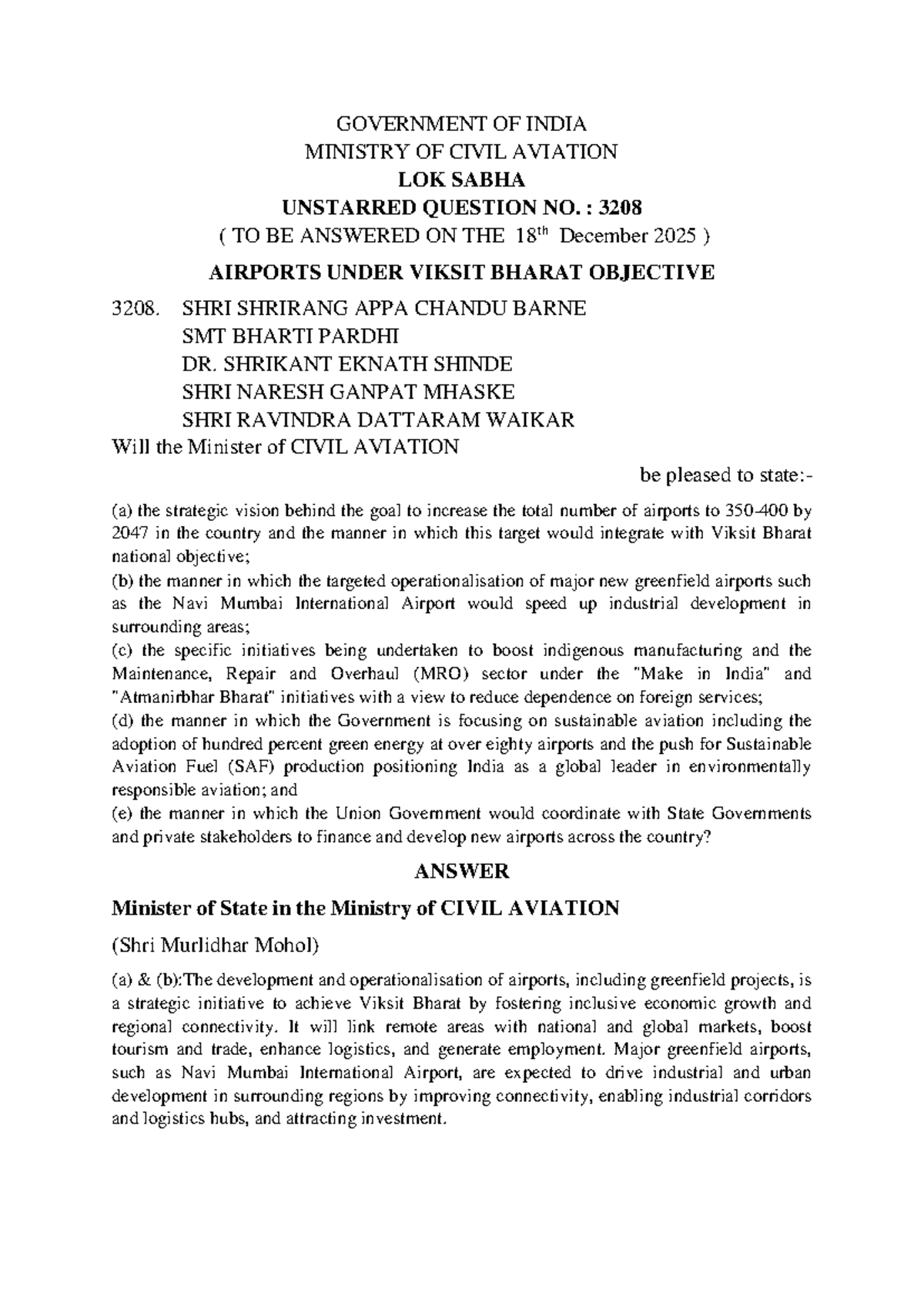 Lok Sabha Unstarred Q. No. 3208: Airports & Viksit Bharat Initiatives ...