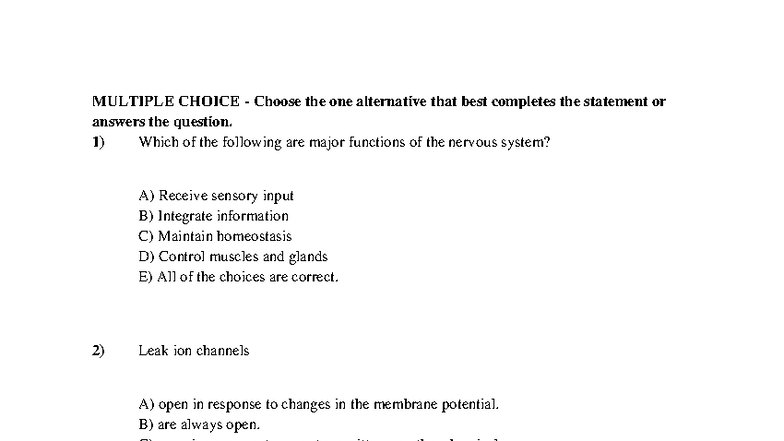 Chapter 5: Nervous System Multiple Choice Questions - Studocu