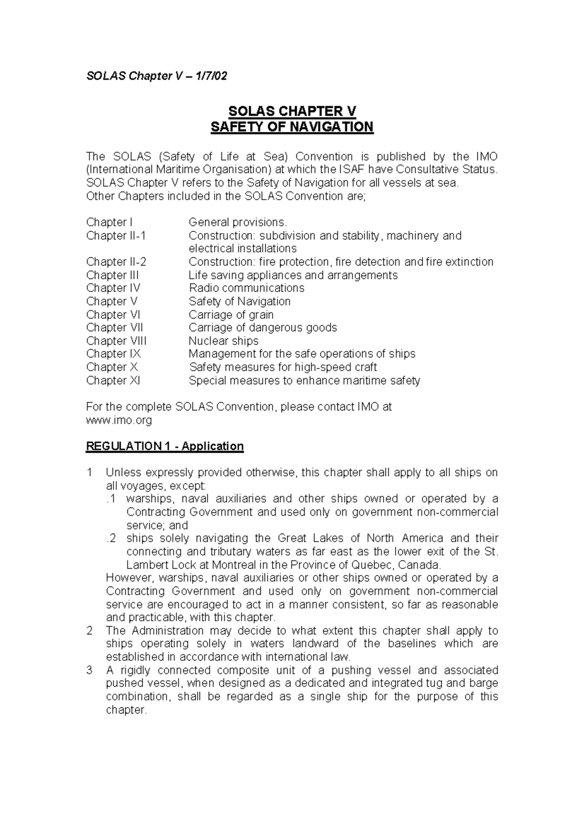 SOLAS Chapter V: Safety of Navigation Regulations Overview - Studocu