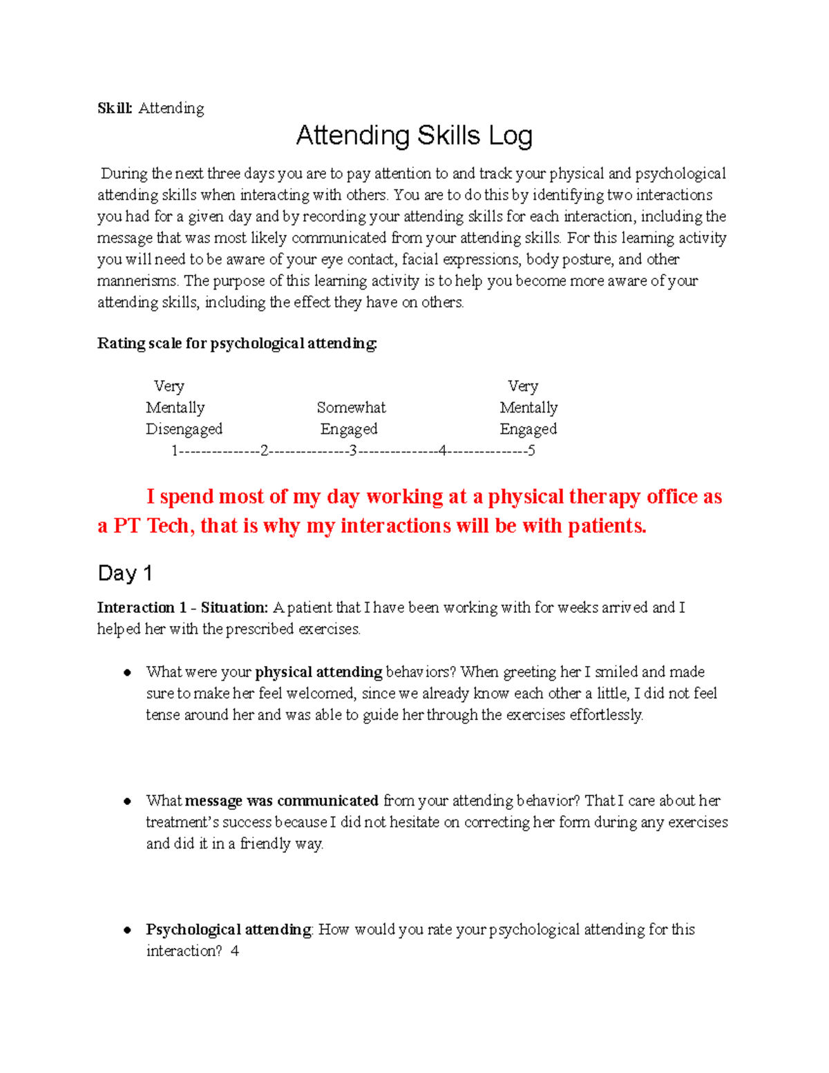 FAML420 Attending Skills Log: Interactions & Reflections Worksheet ...