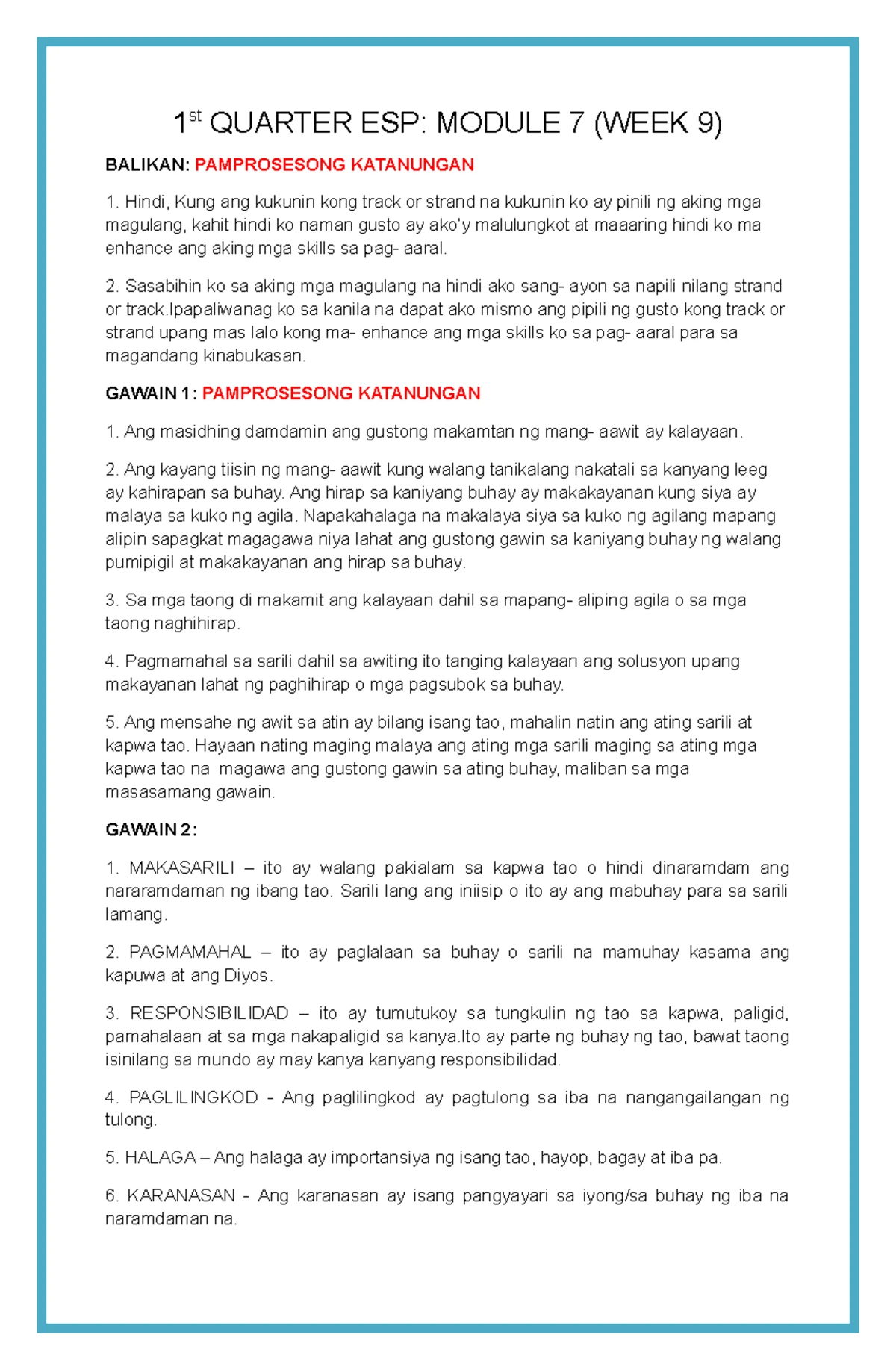 1st QUARTER ESP: MODULE 6 (WEEK 9) GRADE 10 ANSWERS - 1st QUARTER ESP ...