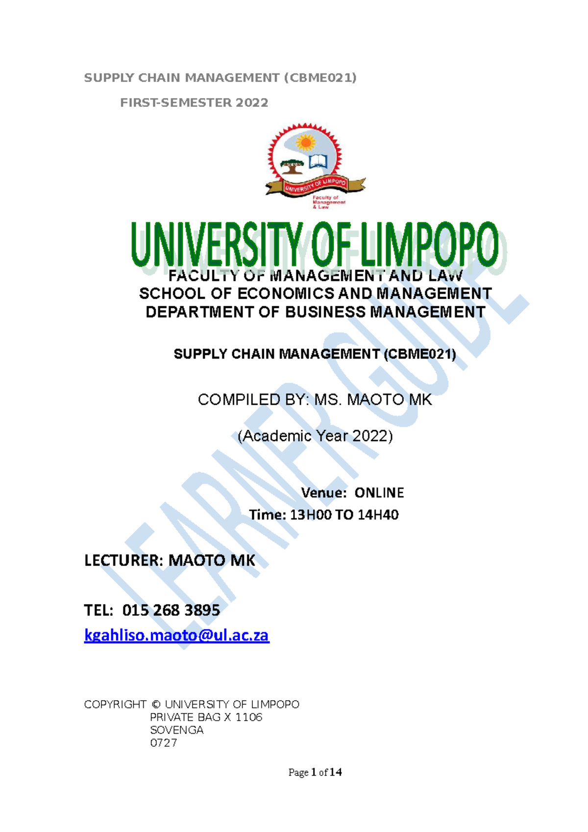 Supply Chain Management Learner Guide 2022 (CBME021) - Studocu