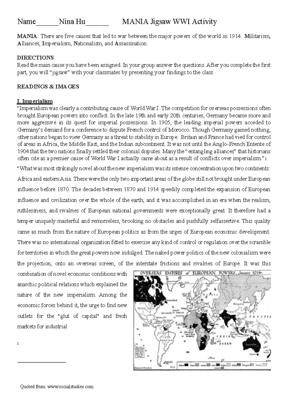 MANIA Jigsaw Activity: Causes of WWI (2233) - Studocu