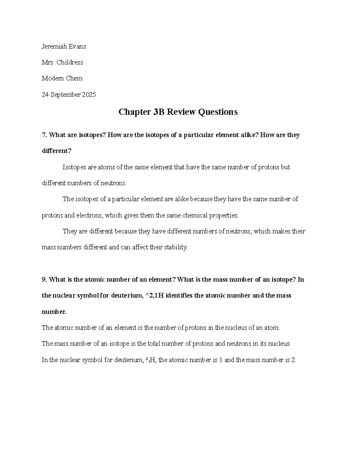 Modern Chem 24: Chapter 3B Review Questions by Jeremiah Evans - Studocu