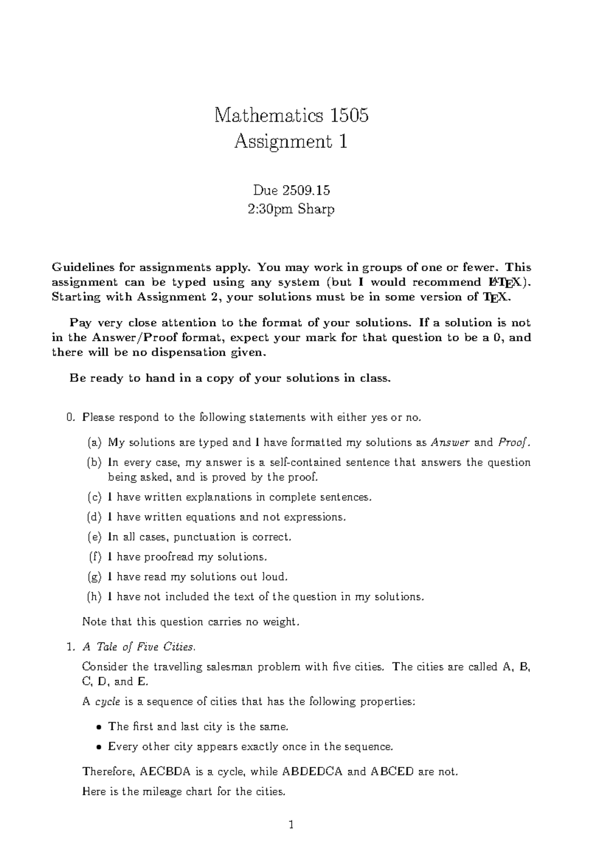 Mathematics 1505 Assignment 1 Guidelines and Problem Set - Studocu