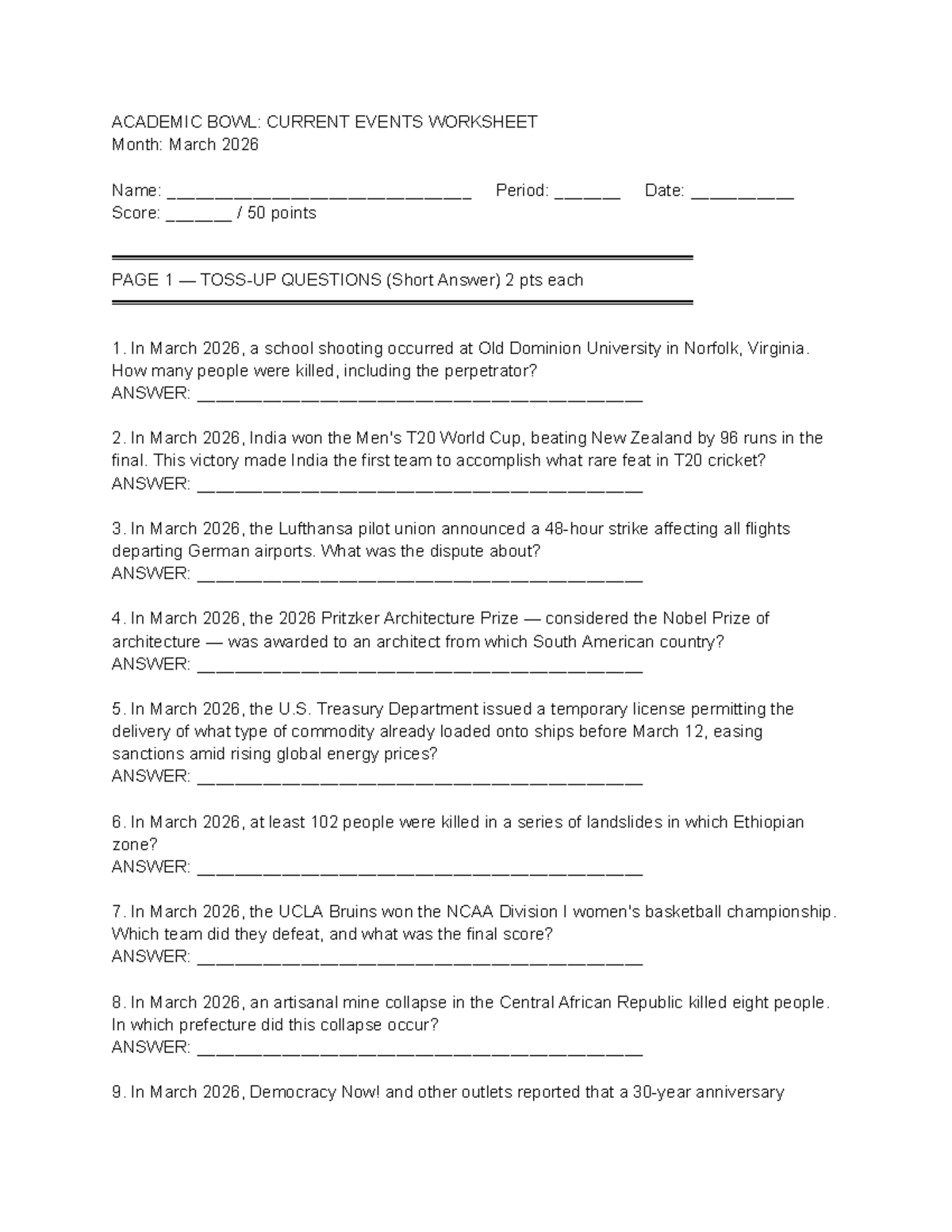 Academic Bowl: Current Events Worksheet - March 2026 - Studocu