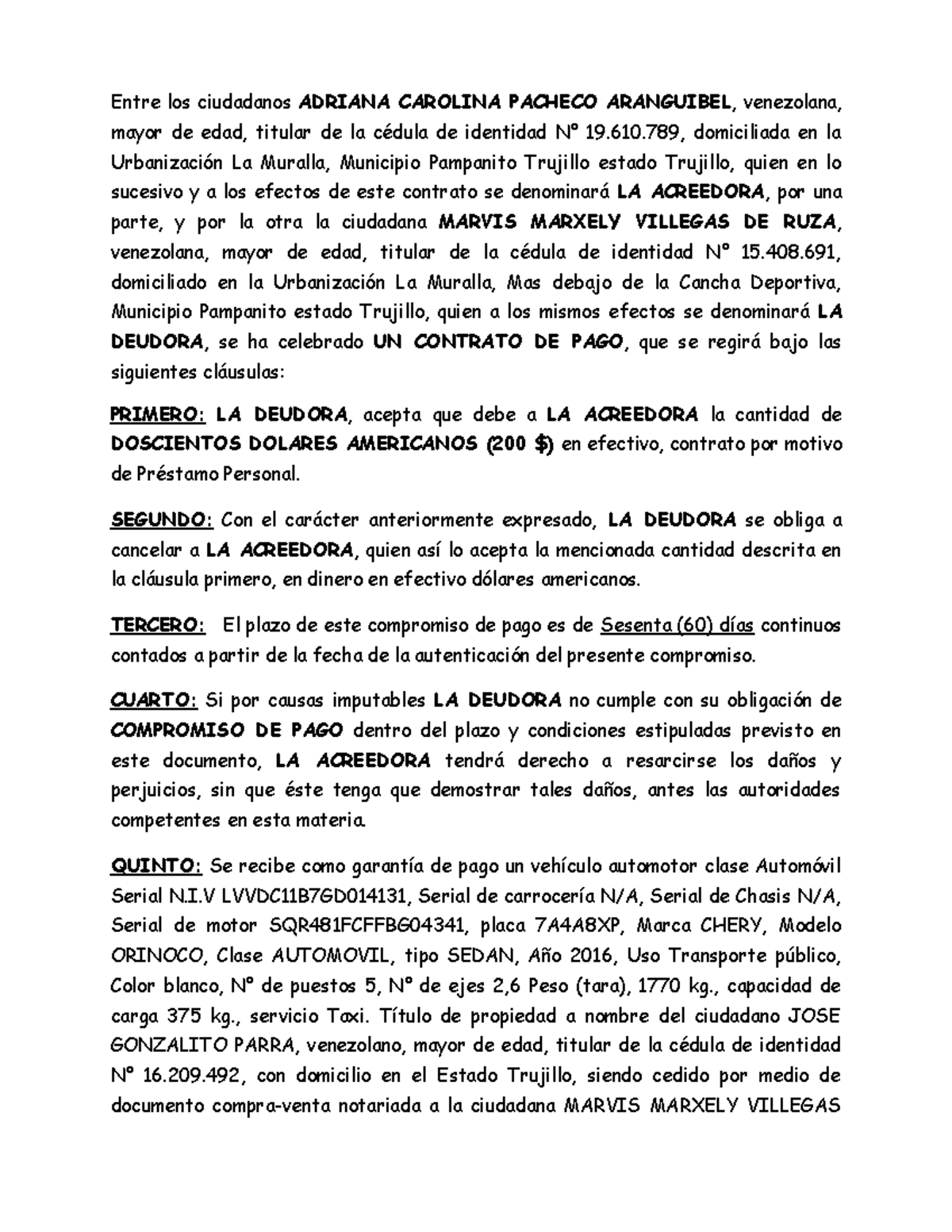 Contrato de Préstamo Personal entre MARVIS y ADRIANA - 2023 - Studocu