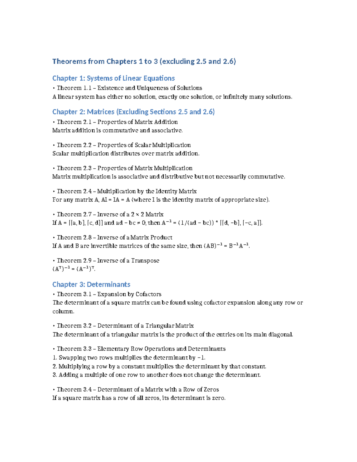 Theorems from Chapters 1 to 3 - Linear Algebra (Excl. 2.5 & 2.6) - Studocu
