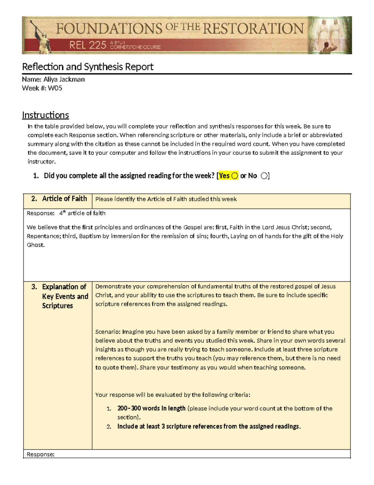 REL225CW05 Reflection And Synthesis - Reflection and Synthesis Report Name: Aliya Jackman Week ...