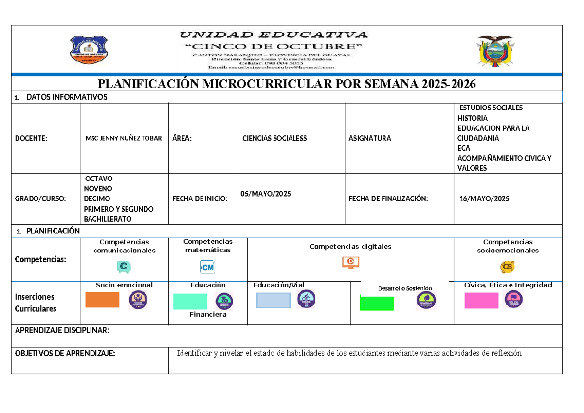 Planificación Microcurricular Semanal 2025-2026 - Estudios Sociales - Studocu