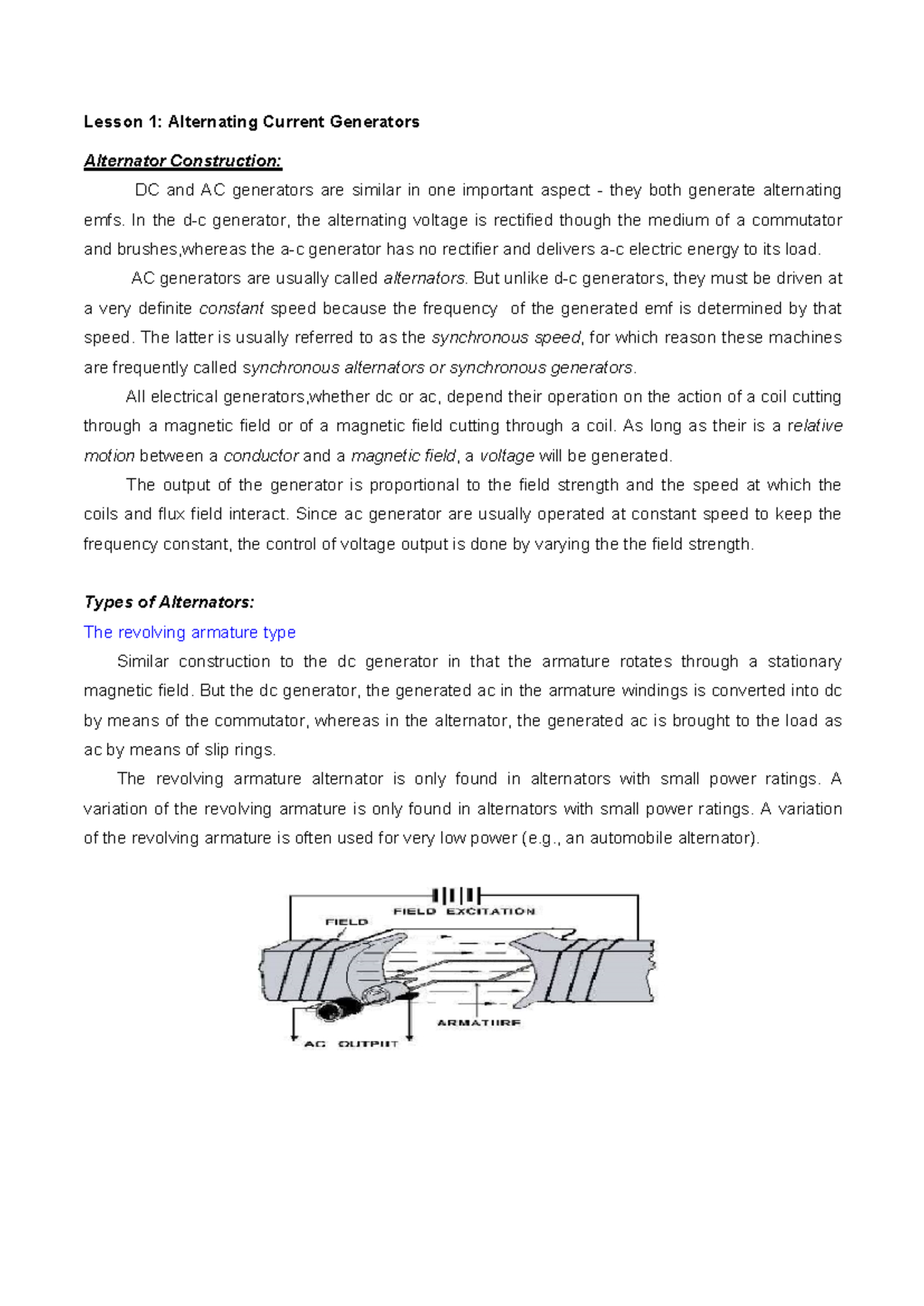 Lesson 1 Alternating Current Generators - Lesson 1: Alternating Current Generators Alternator ...