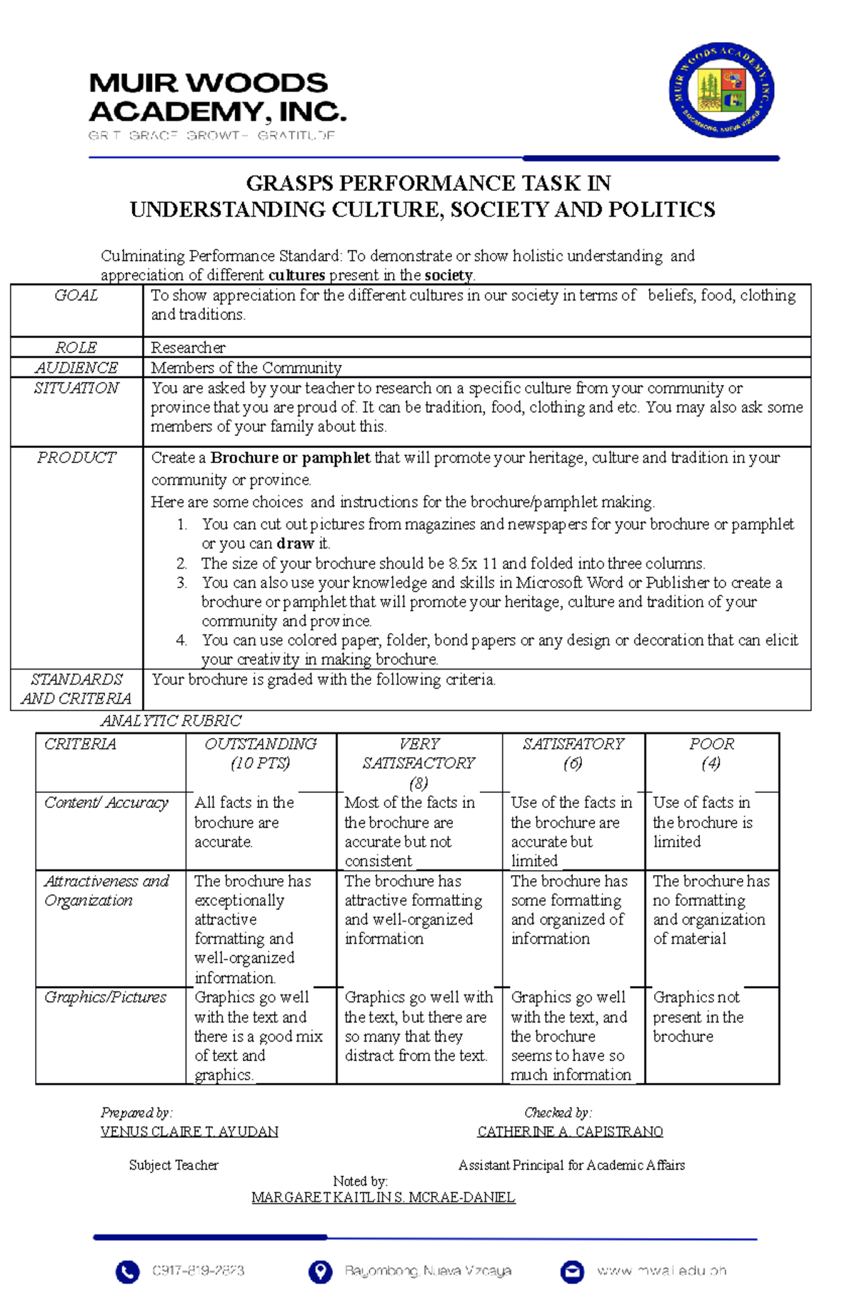 UCSP-PT - GRASPS Performance Task: Cultural Heritage Brochure - Studocu