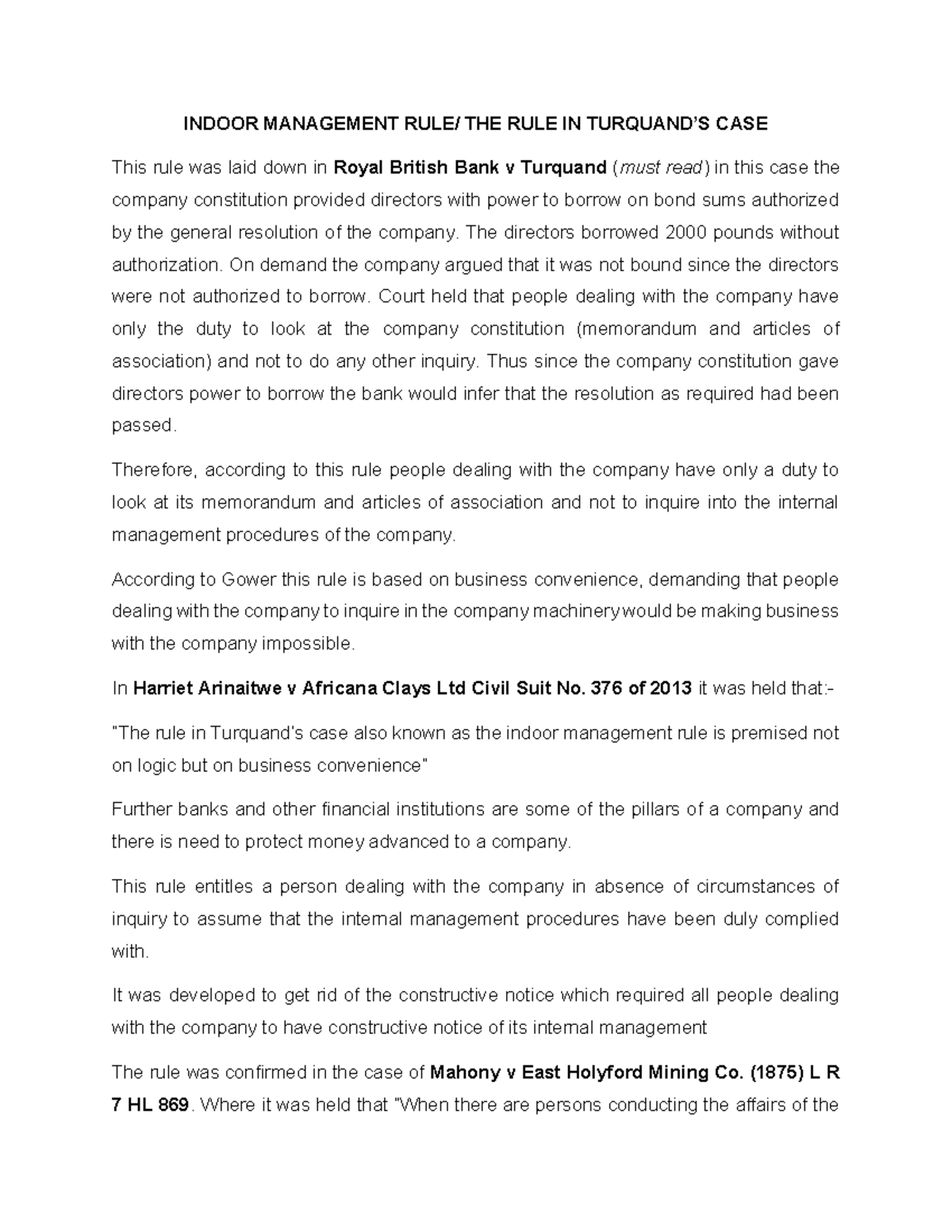 Indoor Management Rule - INDOOR MANAGEMENT RULE/ THE RULE IN TURQUAND’S ...